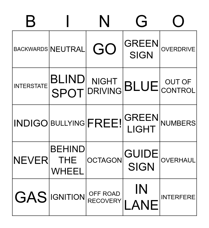 DRIVER EDUCATION Bingo Card