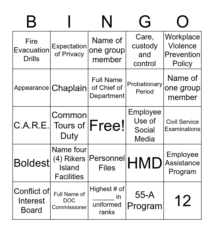 How Well Do You Know the Department of Correction? Bingo Card