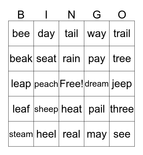 vowel teams "ai" "ay" "ee" "ea" Bingo Card