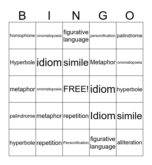 Figurative Language BINGO Card