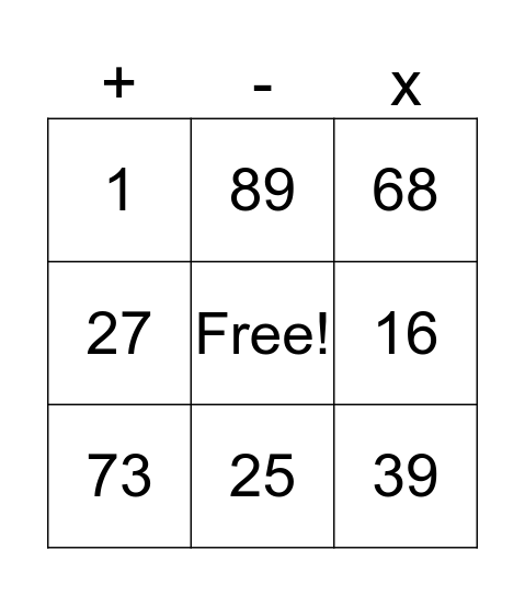 Mental Math Bingo Card