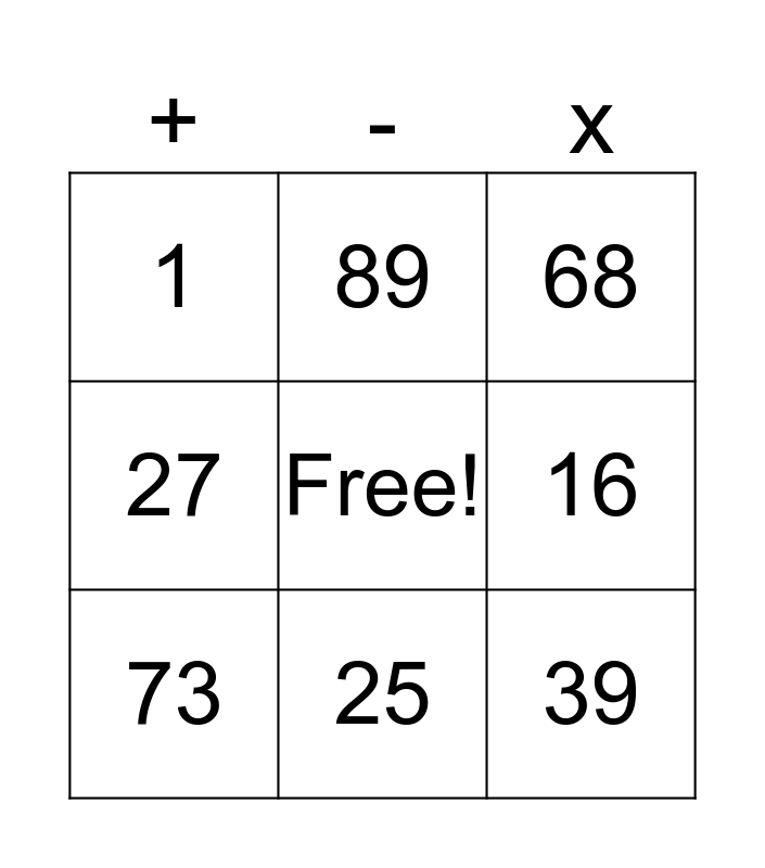 Mental Math Bingo Card