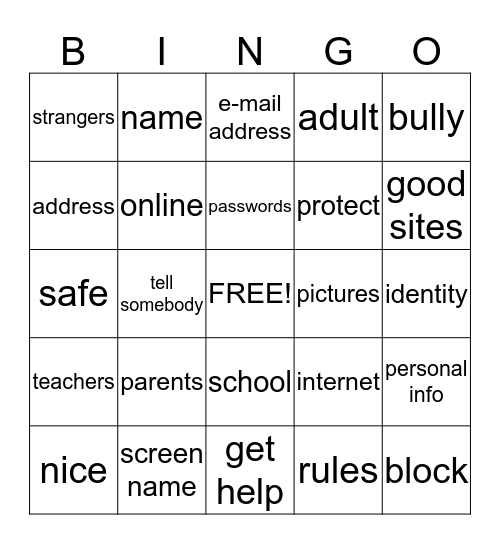 Internet Safety Bingo Card