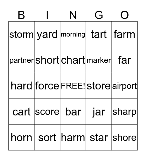 AR and OR Words Bingo Card
