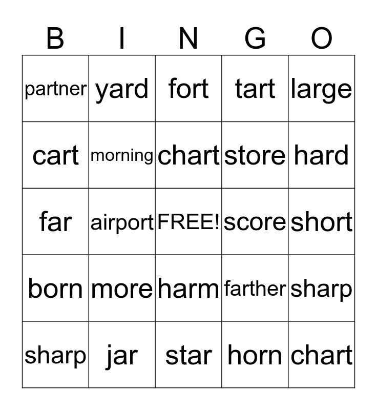 AR and OR Words Bingo Card