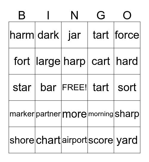 AR and OR Words Bingo Card