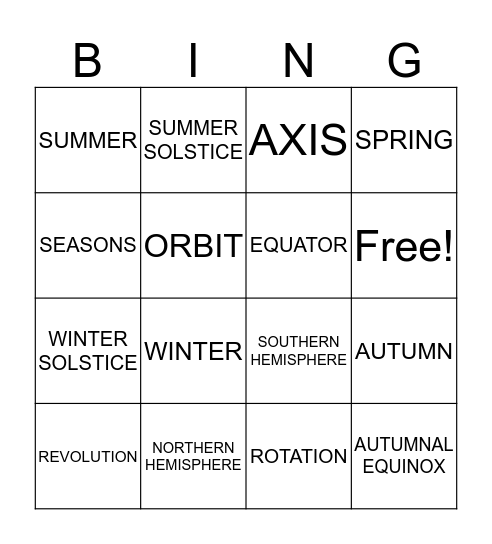 SEASONS Bingo Card