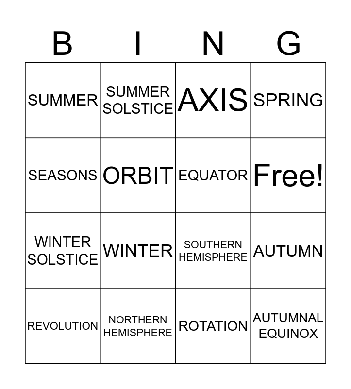 SEASONS Bingo Card