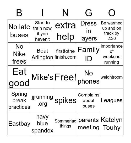 Track Meeting Bingo Card