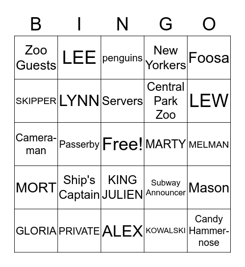 Madagascar Bingo Card