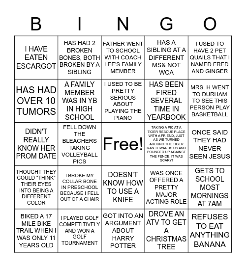 YEARBOOK BINGO Card