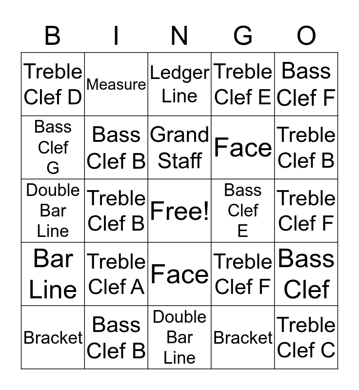 The Grand Staff Bingo Card