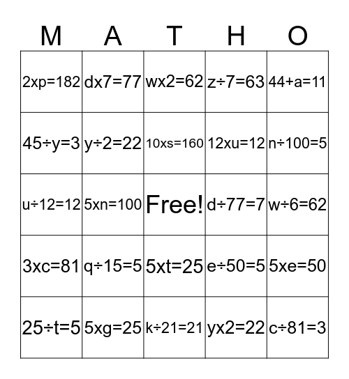 MATHO Bingo Card