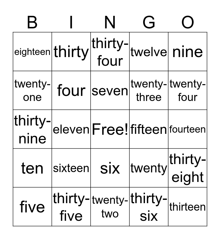 Numbers to 26 Bingo Card