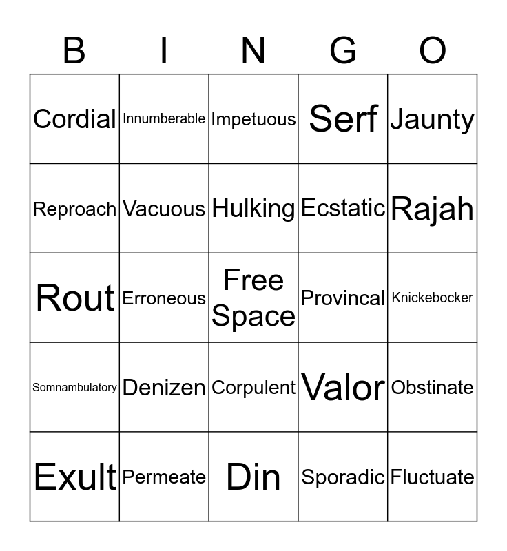 Great Gatsby Chapter 3, 4, and 5 Vocab Bingo Card