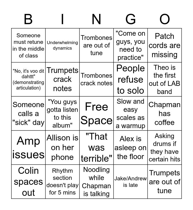Jazz Band Bingo Card