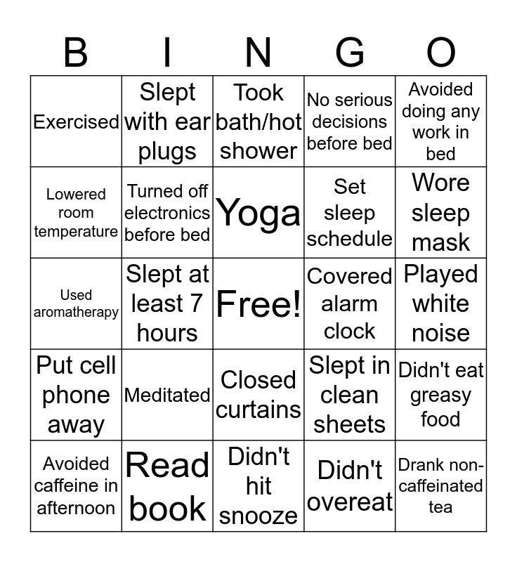 Better Sleep Challenge Bingo Card