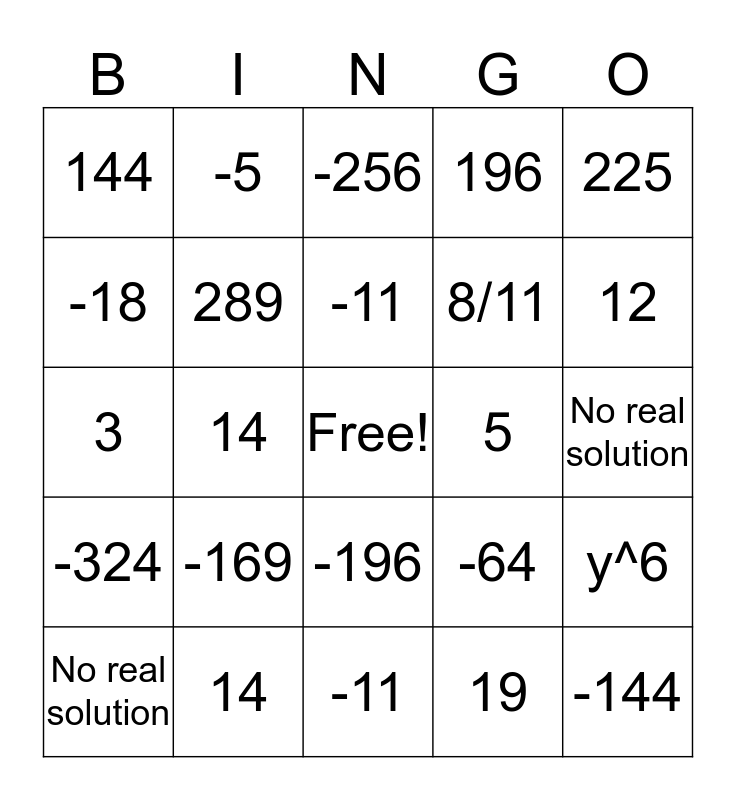 Powers, Roots, and Radicals BINGO Card