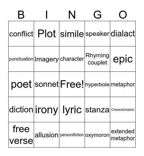 Poetry Bingo Card
