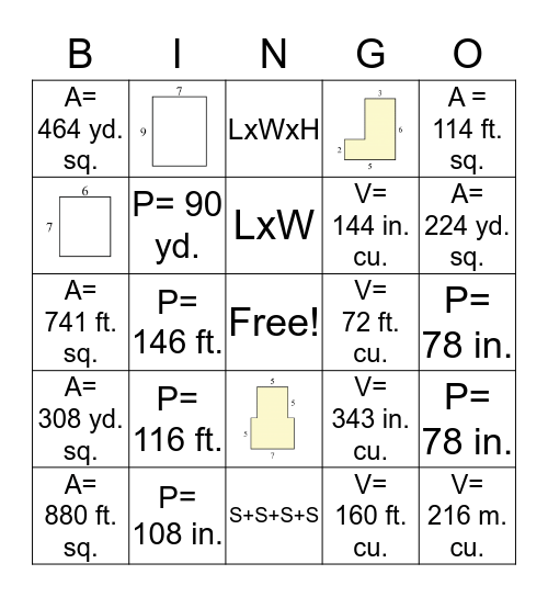 Area, Perimeter, and Volume Bingo Card