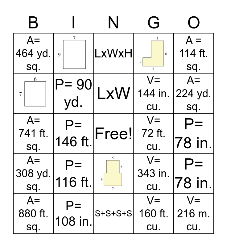 Area, Perimeter, and Volume Bingo Card