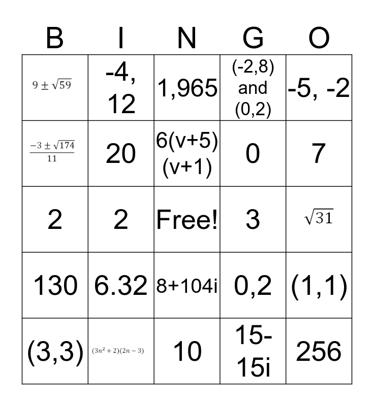 Quadratics Bingo Review Bingo Card