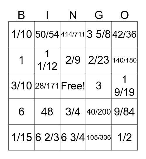 Dividing Fractions Bingo! Bingo Card