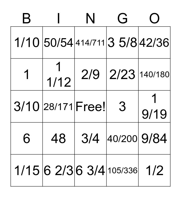 Dividing Fractions Bingo! Bingo Card