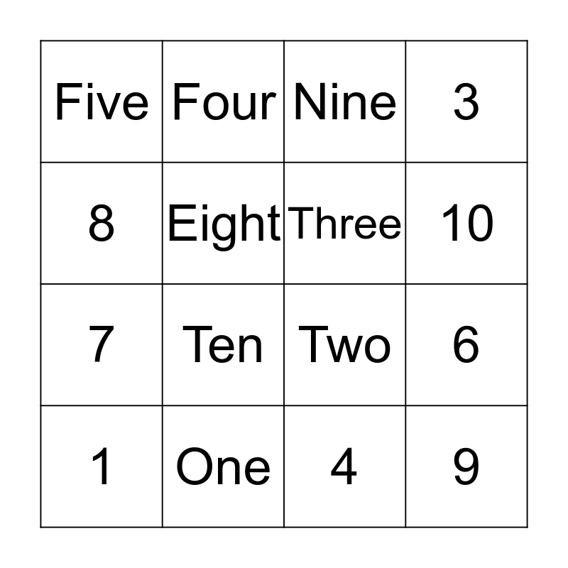 Number words Bingo Card