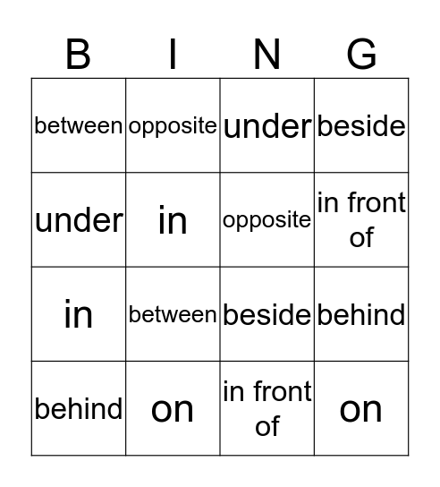 Prepositions of Place Bingo Card