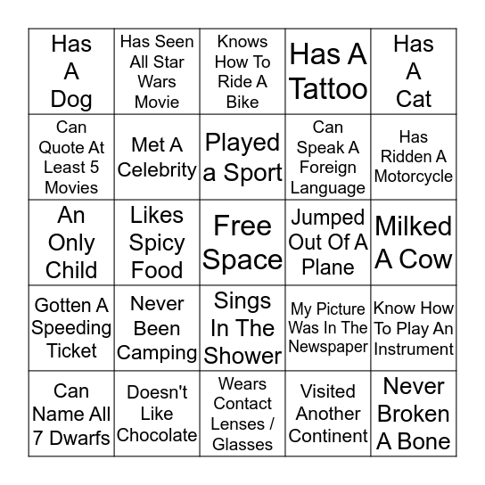 Life Experience Bingo Card