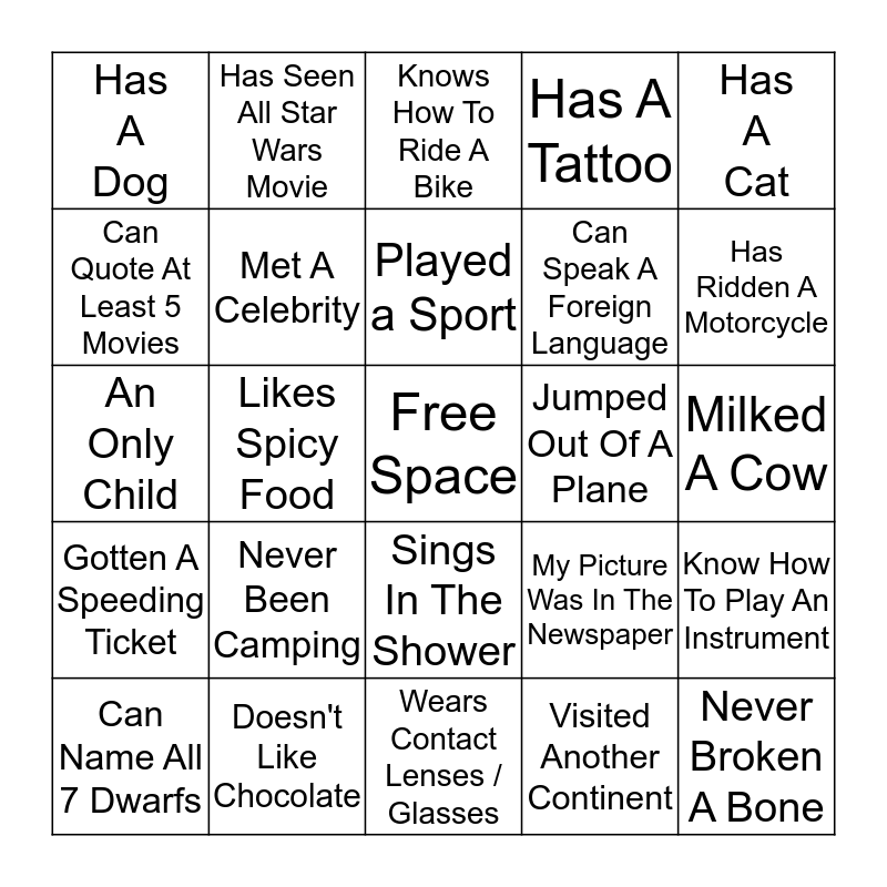 Life Experience Bingo Card