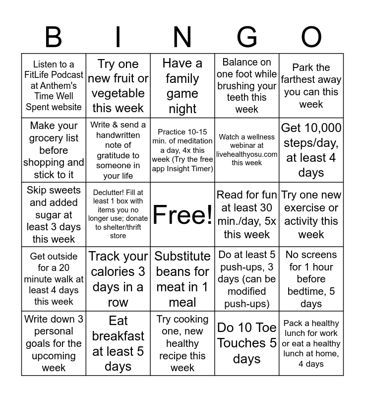 Wellness Bingo: Round 2 Bingo Card