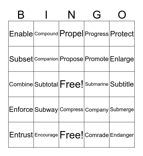 Prefix Bingo Card