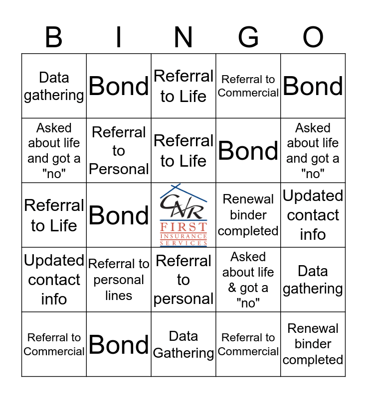 CNR Insurance BINGO Card