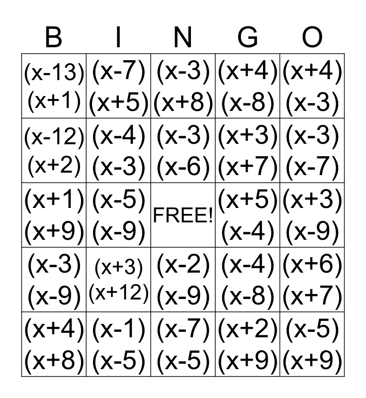 Factoring Trinomials Bingo Card