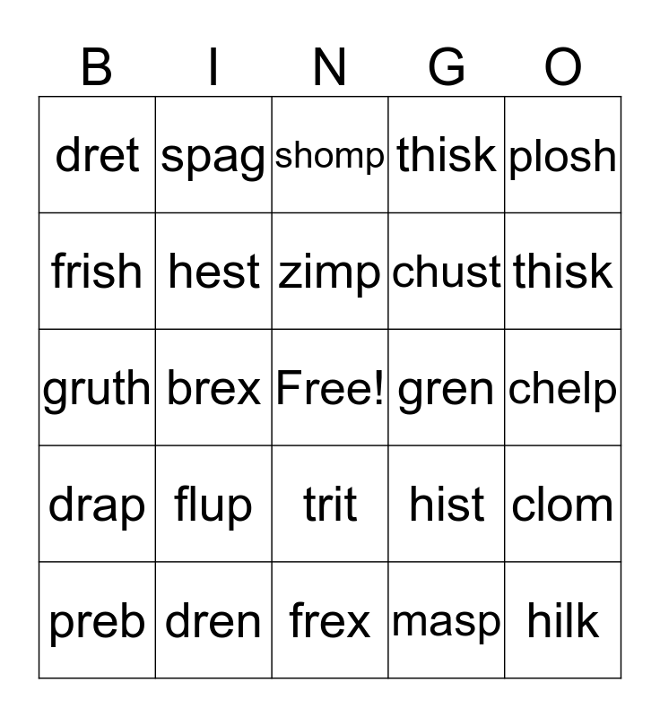 2.2 Nonsense Words Bingo Card