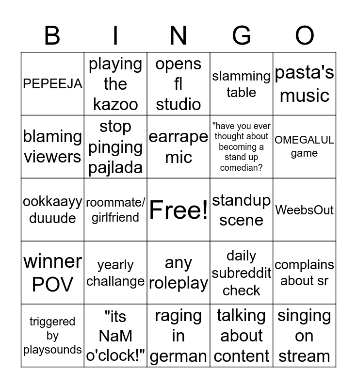 pasta bingo Card