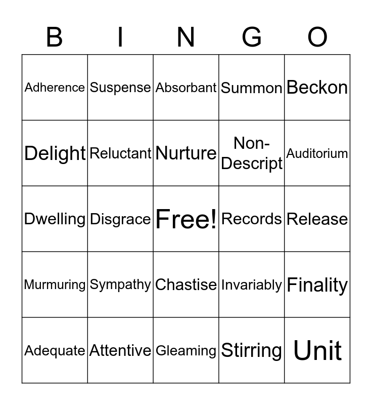 The Giver Dictionary Bingo Card