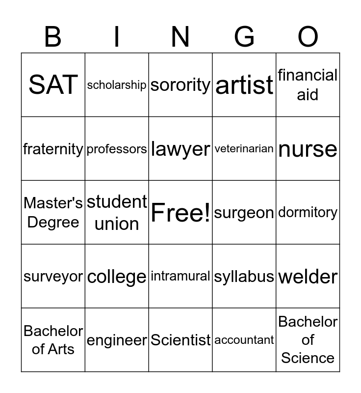 College and Career BINGO Card