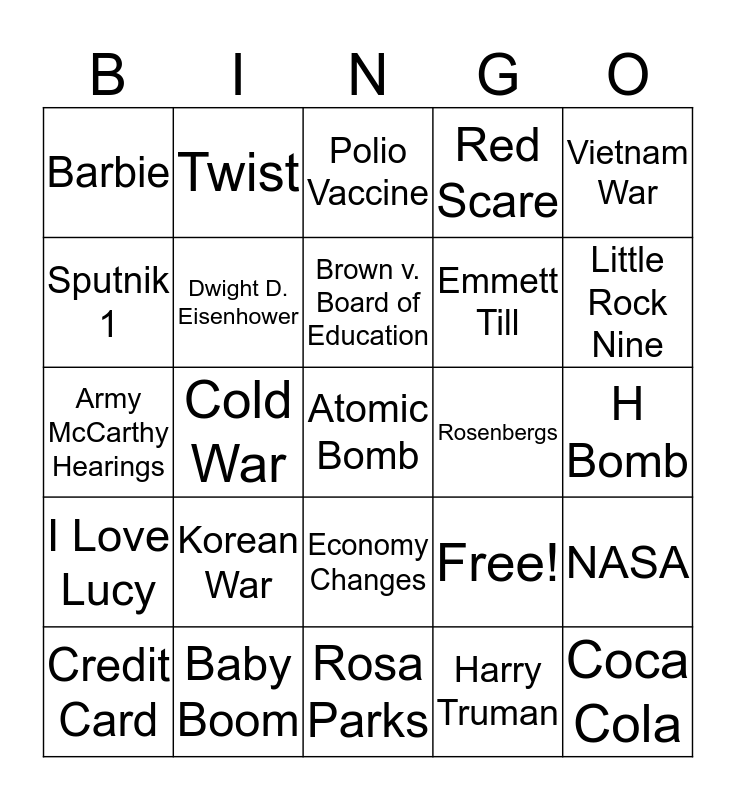 1950s Bingo Card