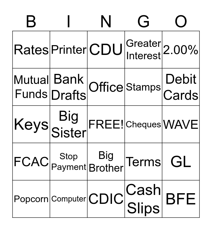 Banker's Bingo Card
