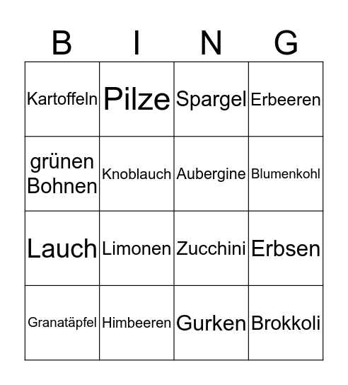 Obst und Gemüse Bingo Card