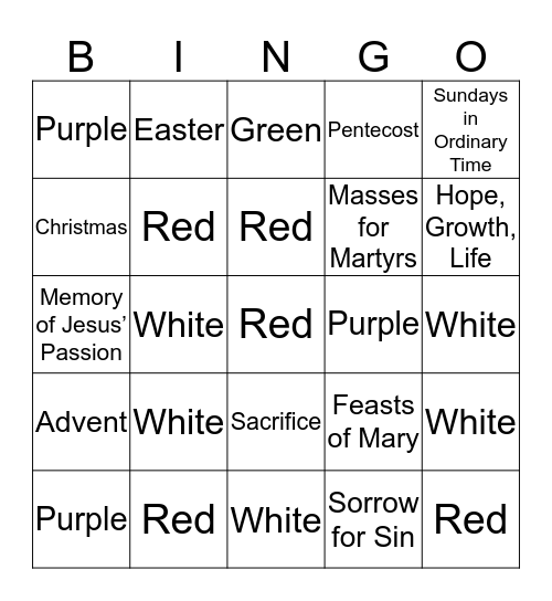 Liturgical Colors Bingo Card