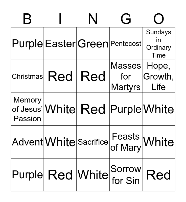 Liturgical Colors Bingo Card