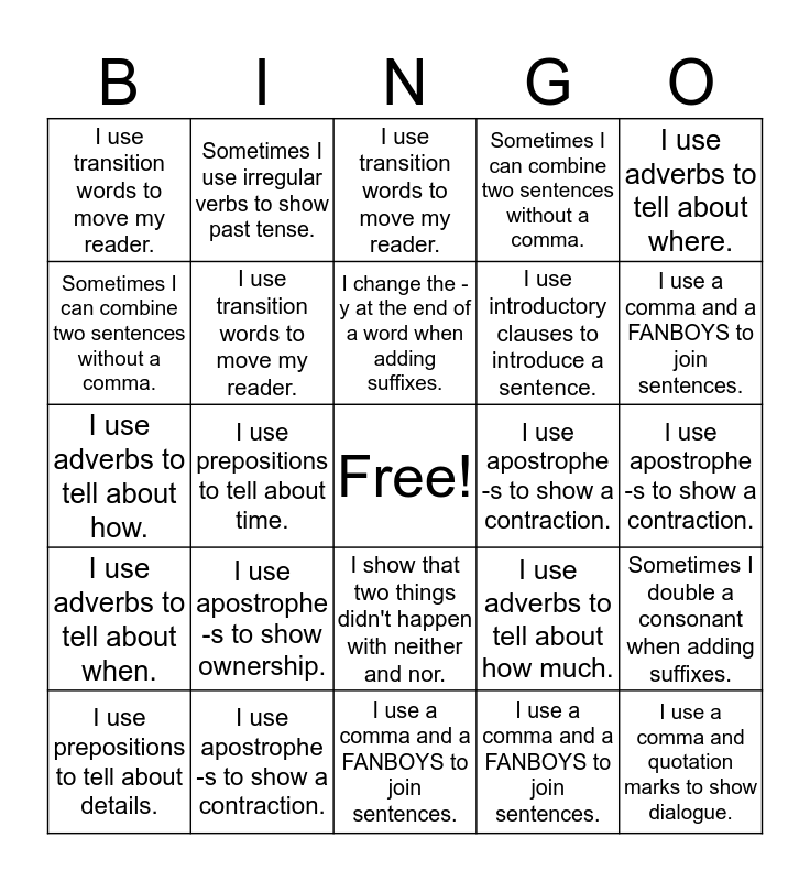 Mechanics of Writing Bingo Card