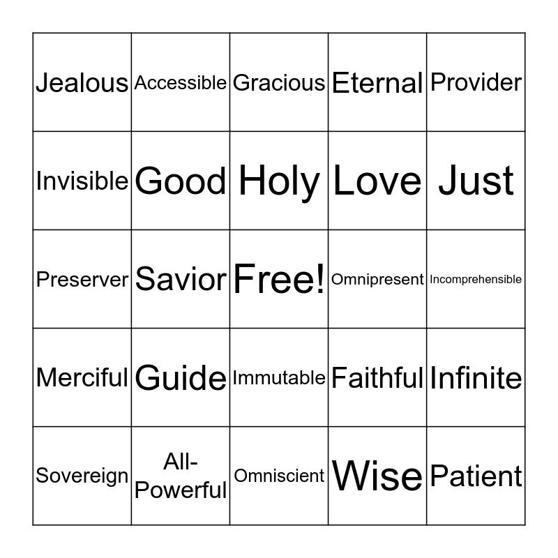 God's Attributes Bingo Card