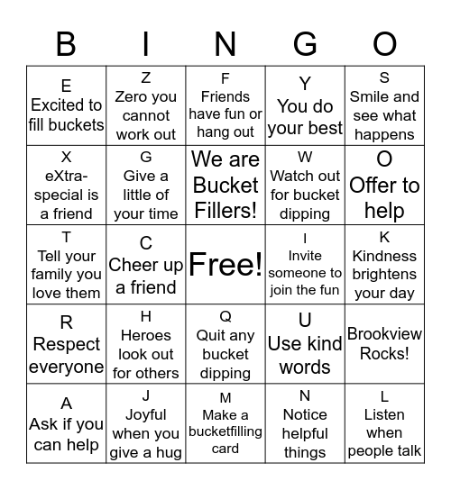 Bucket Filling ABCs Bingo Card