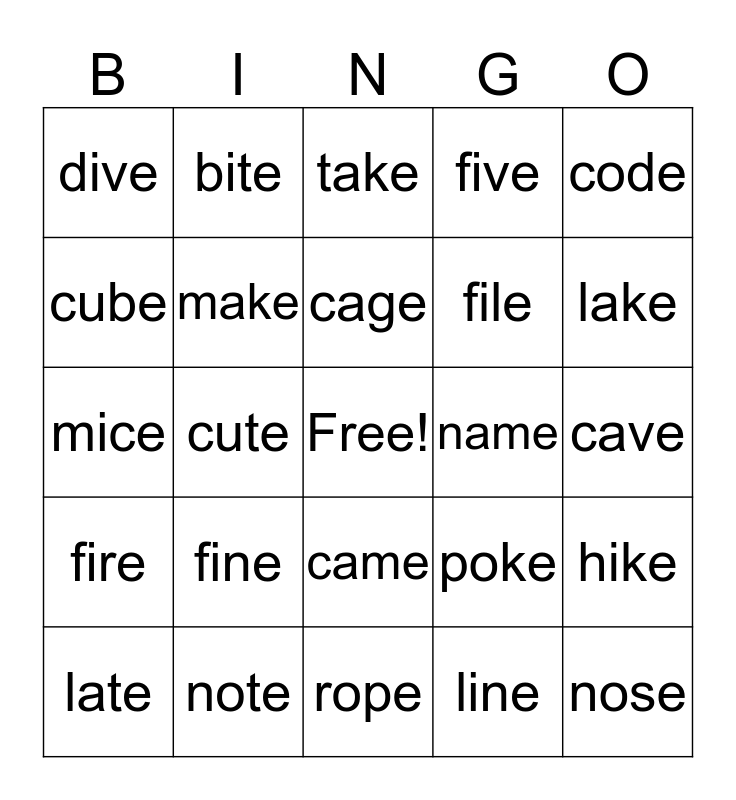 Silent e Bingo Card