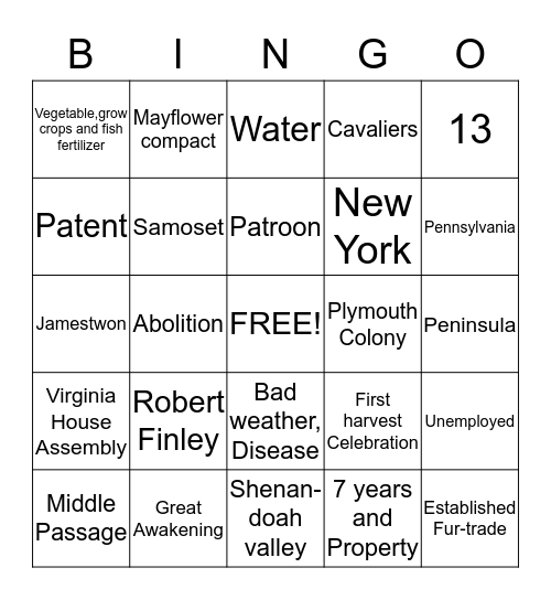 American Colonization Bingo Card